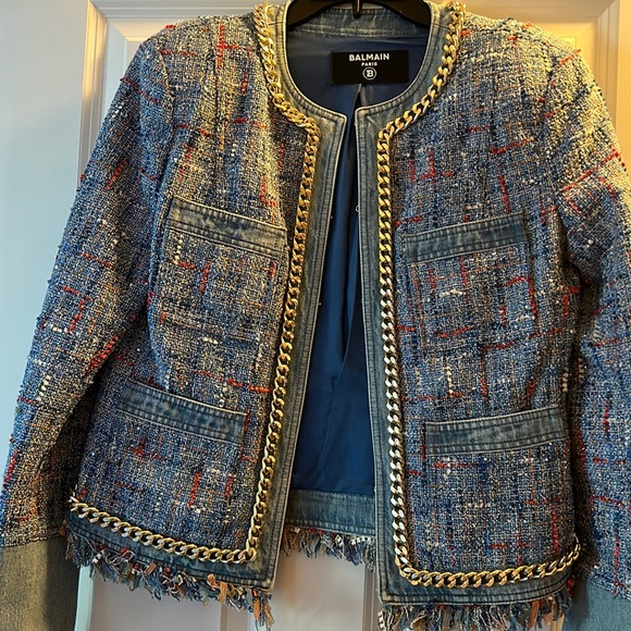 Balmain | Jackets & Coats | Balmain Tweed Jacket With Gold Chain Detail ...